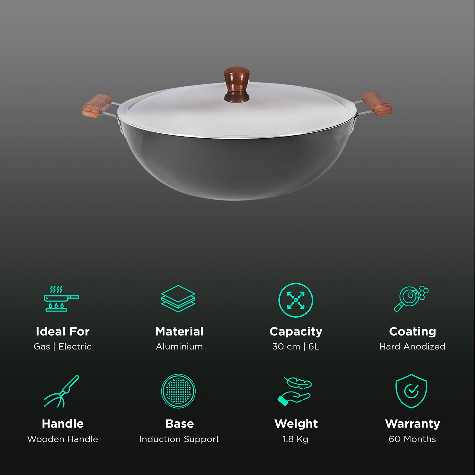 Buy Wonderchef Ebony 6l Non Stick Aluminium Deep Kadai With Lid
